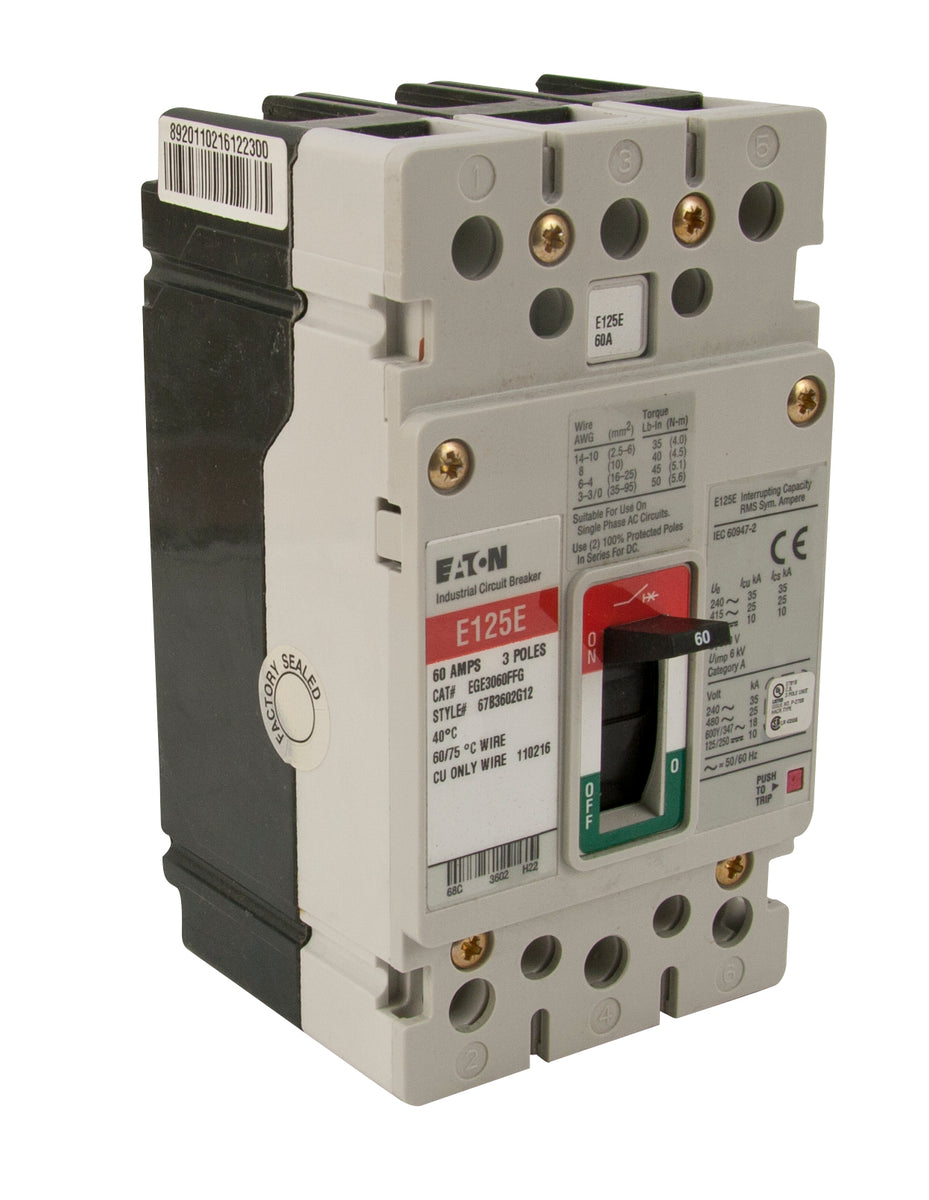 Eaton EGE3090FFG Breaker, Molded Case, Type EG, 3P, 90A, 25kAIC, 480VA